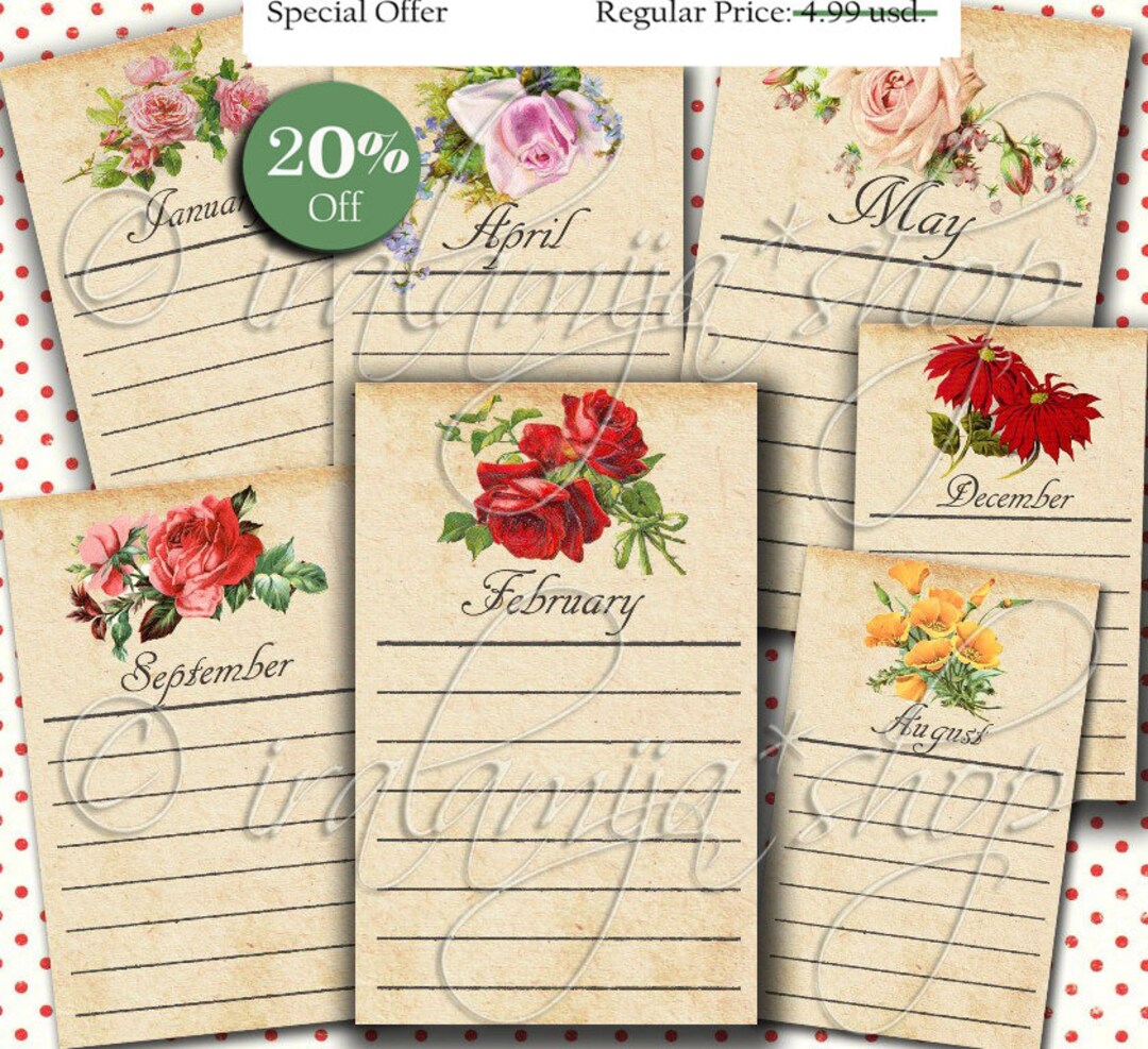 MONTHS Printable Tags /journaling / Collage Digital Images - Etsy