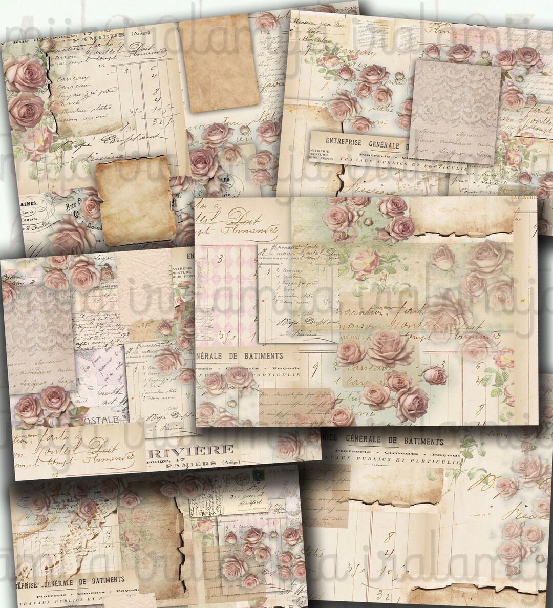 LEDGER PATCHWORK Papers, Junk Journal, Pages, Floral, Vintage, Shabby ...