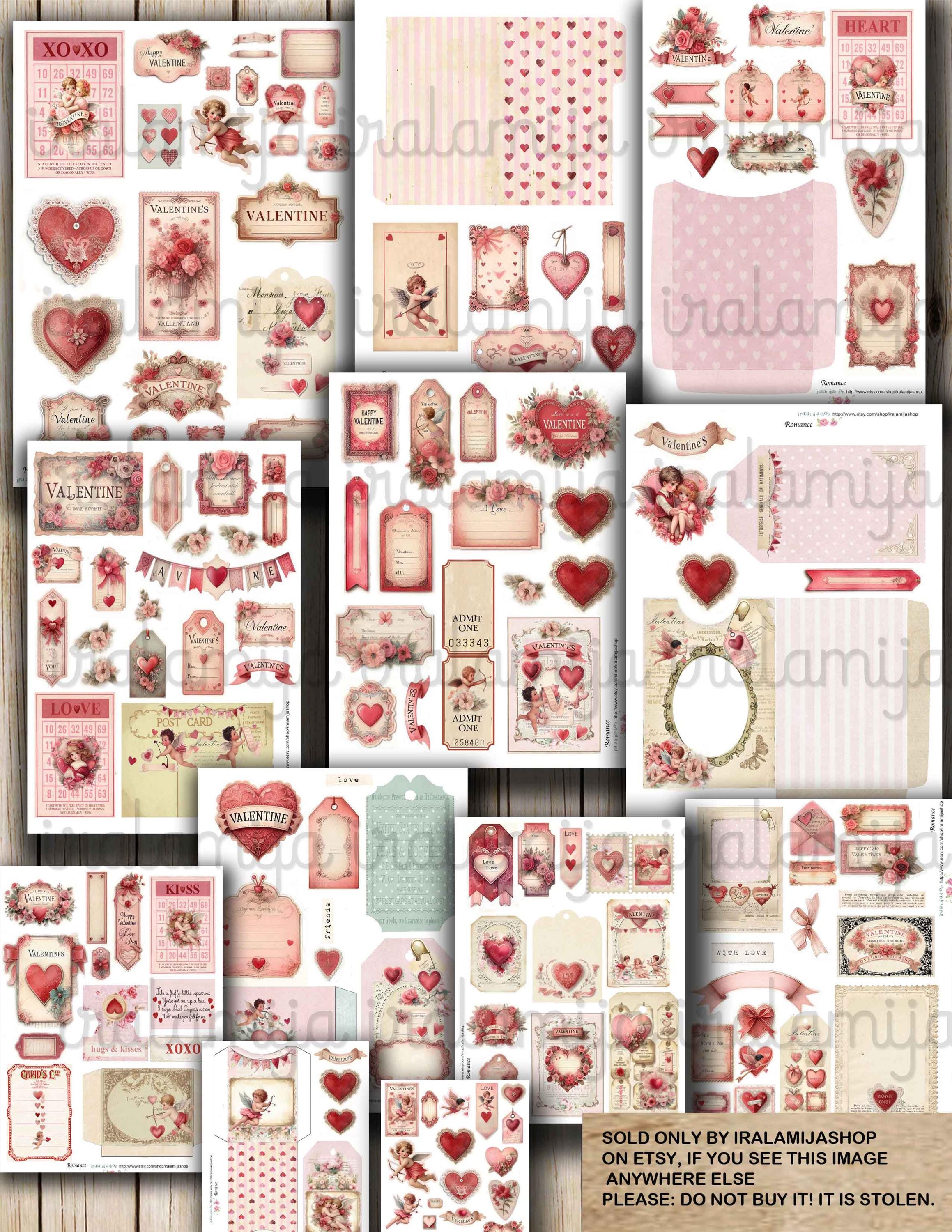 ROMANCE Junk Journal Kit Valentine Shabby Floral Romantic Label Cupid ...
