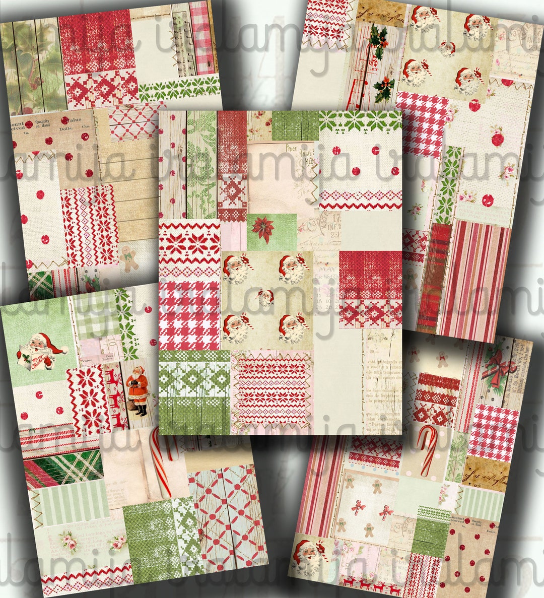 Christmas PATCHWORK, Digital Paper - Santa Claus, Vintage Style ...