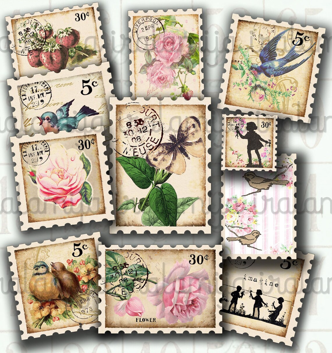 Old Stamps Faux Printable Stamps Junk Journal Ephemera - Etsy