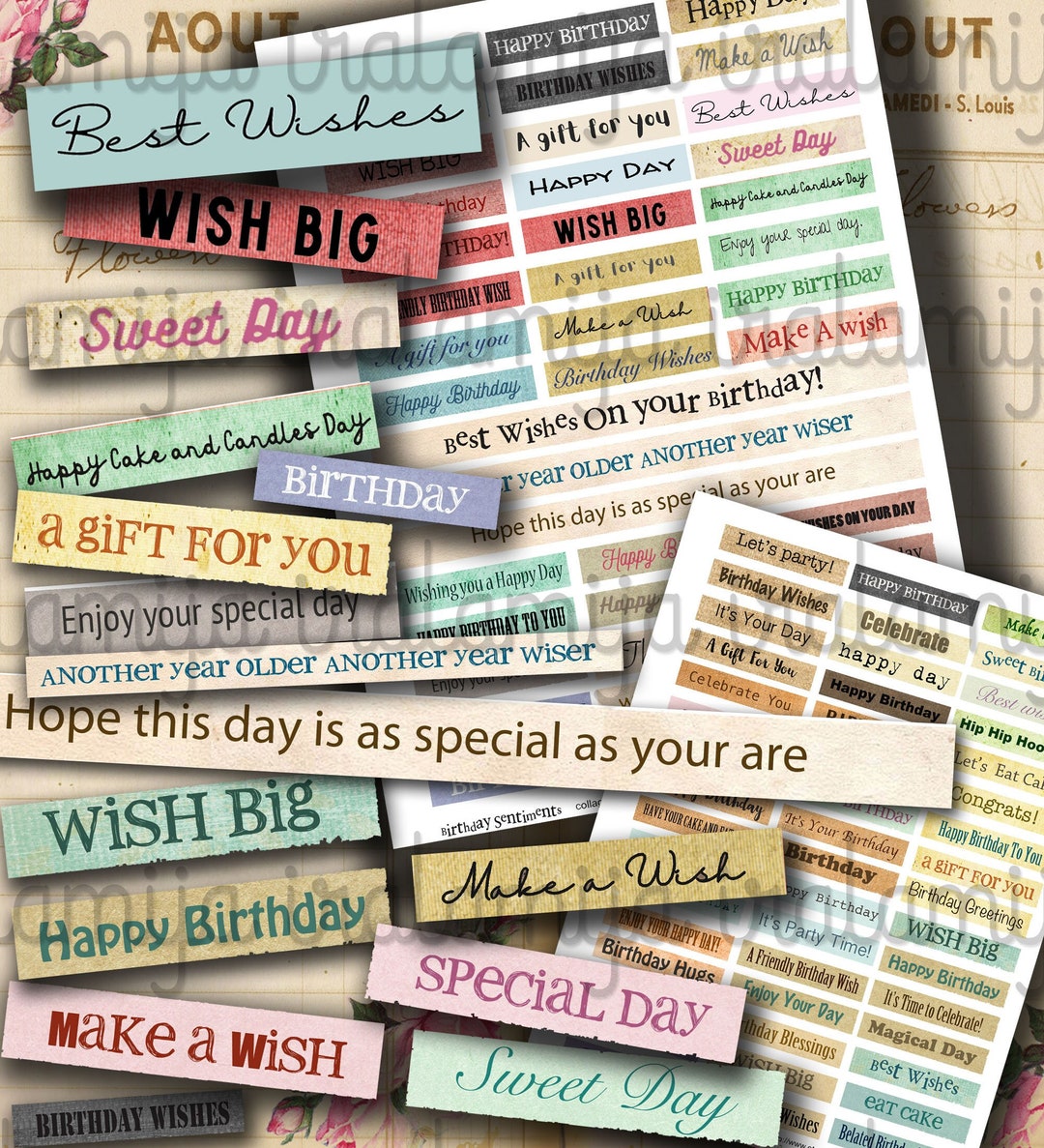 BIRTHDAY Sentiments, Digital Download - Junk Journal - Kit, Messages ...