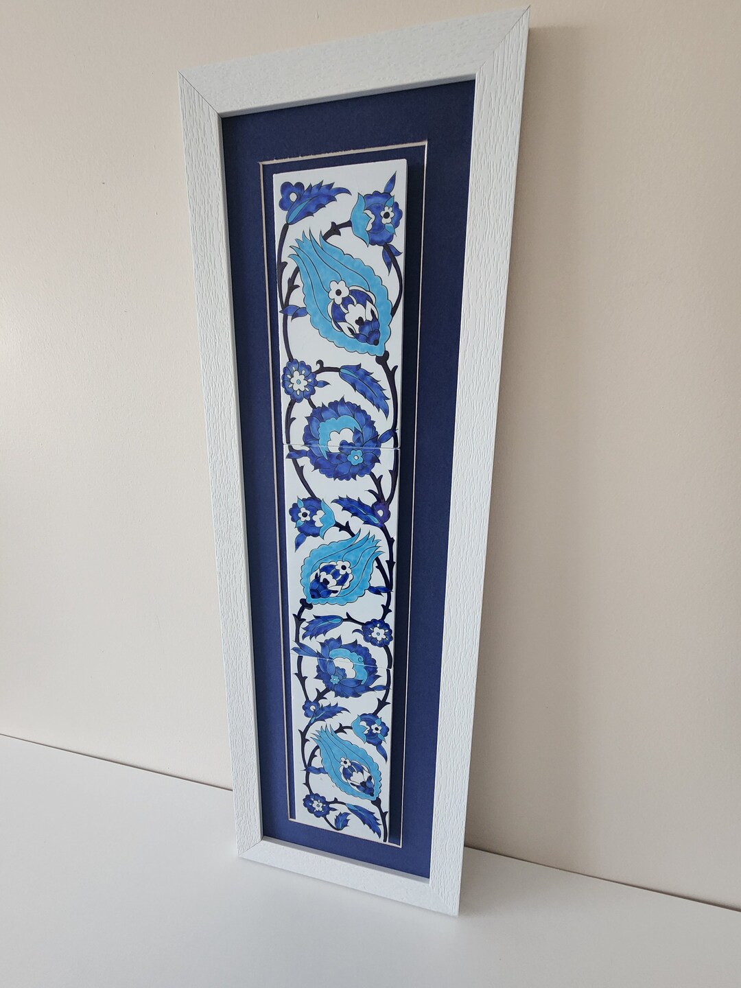 Traditional Turkish Tile çini With Blue Floral Pattern, in White Wooden ...