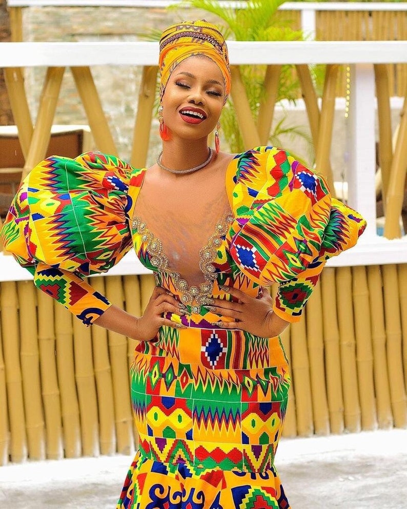 Yellow African Print Kente Plus Size Fitted Maxi Dress Style for Ladies With Headwrap, African ...