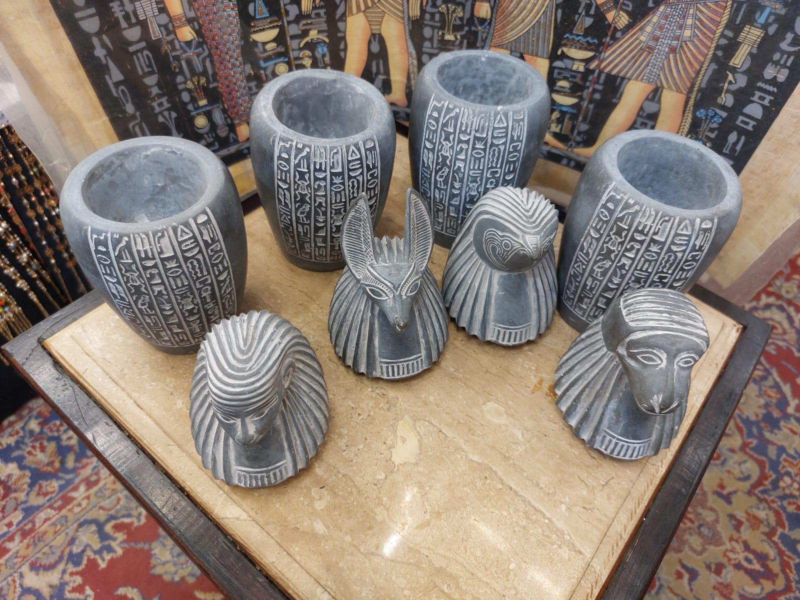 Canopic Box 4 Jars Pharaonic Art Carved Inscriptions Stone Made in ...
