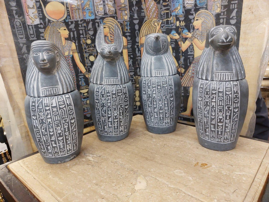 Canopic Box 4 Jars Pharaonic Art Carved Inscriptions Stone Made in ...