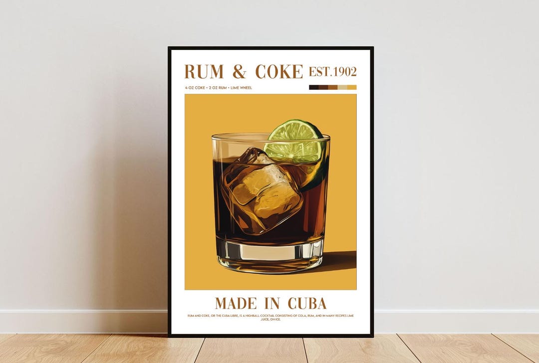 Rum and Coke Poster, Kitchen Print, Alcohol Wall Art, Cocktail Poster ...