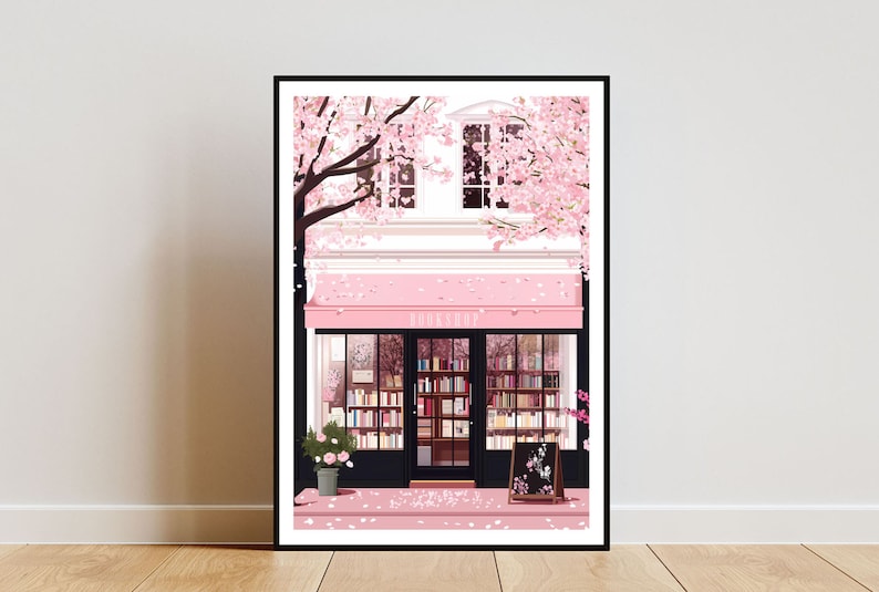 Bookshop Poster, Cherry Blossom Art, Bookstore Wall Art, Book Art ...