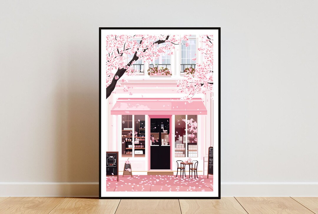 Coffee Shop Poster, Cherry Blossom Art, Coffee Shop Wall Art, Coffee ...