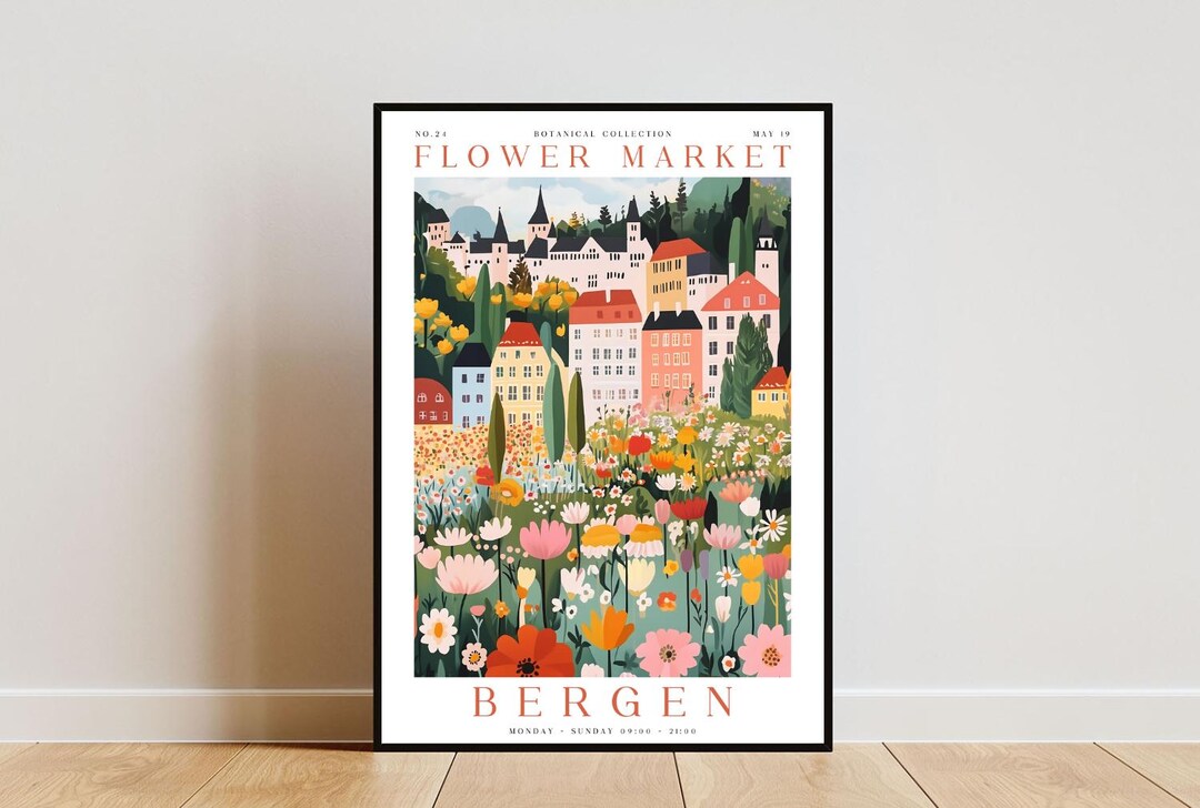 Bergen Flower Market Poster, Bergen Poster, Flower Market Print, Flower ...