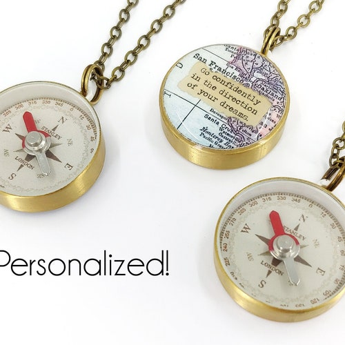 Small Custom Map Compass Necklace With Personalized Quote | Etsy