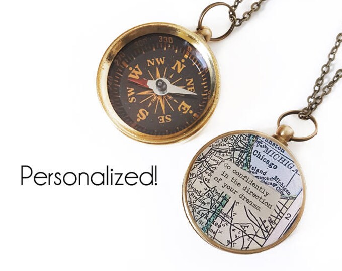 Large Custom Map Compass Necklace Personalized Quote, Working Compass ...
