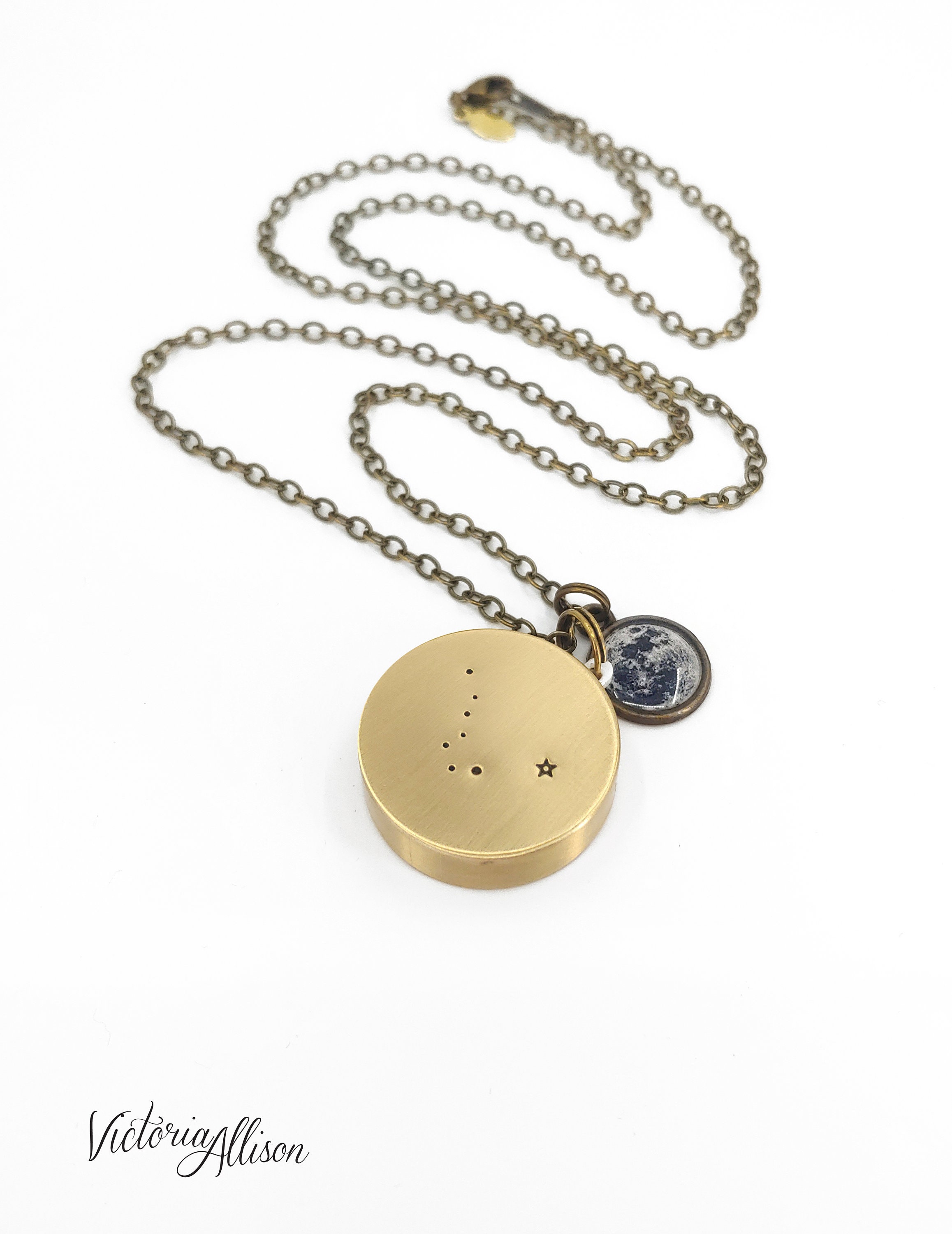Small Working Compass Necklace With Constellation and Moon, Stars, Tiny ...