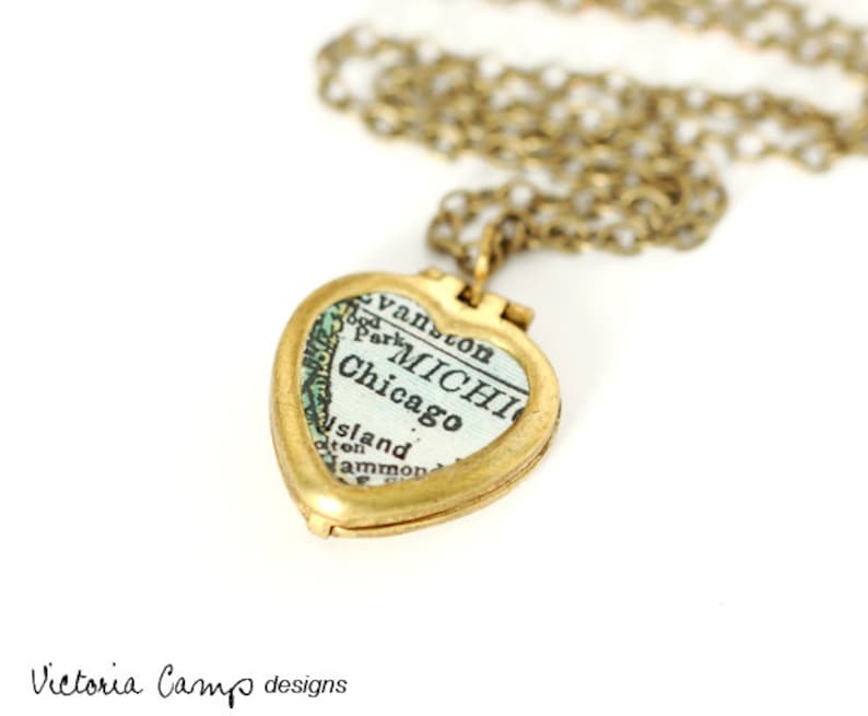 Custom Map Necklace on Tiny Vintage Heart Locket Personalized - Etsy