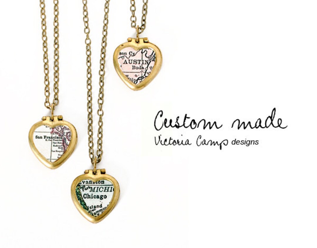 Custom Map Necklace on Tiny Vintage Heart Locket, Personalized Map ...