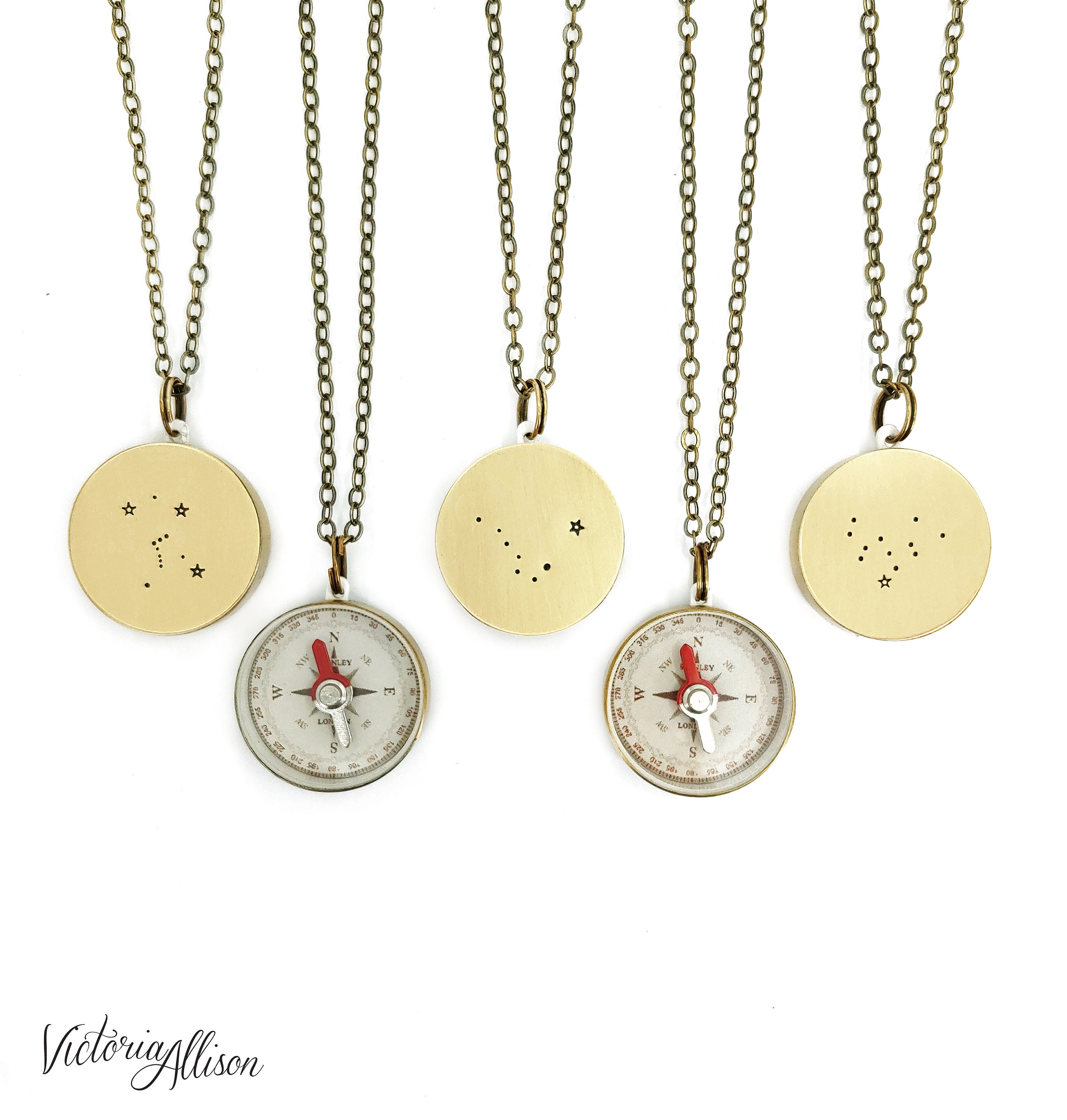 Small Working Compass Necklace With Personalized Constellation, Zodiac ...