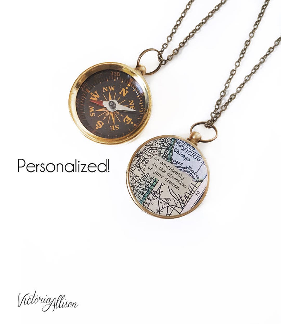Large Custom Map Compass Necklace Personalized Quote, Working Compass ...