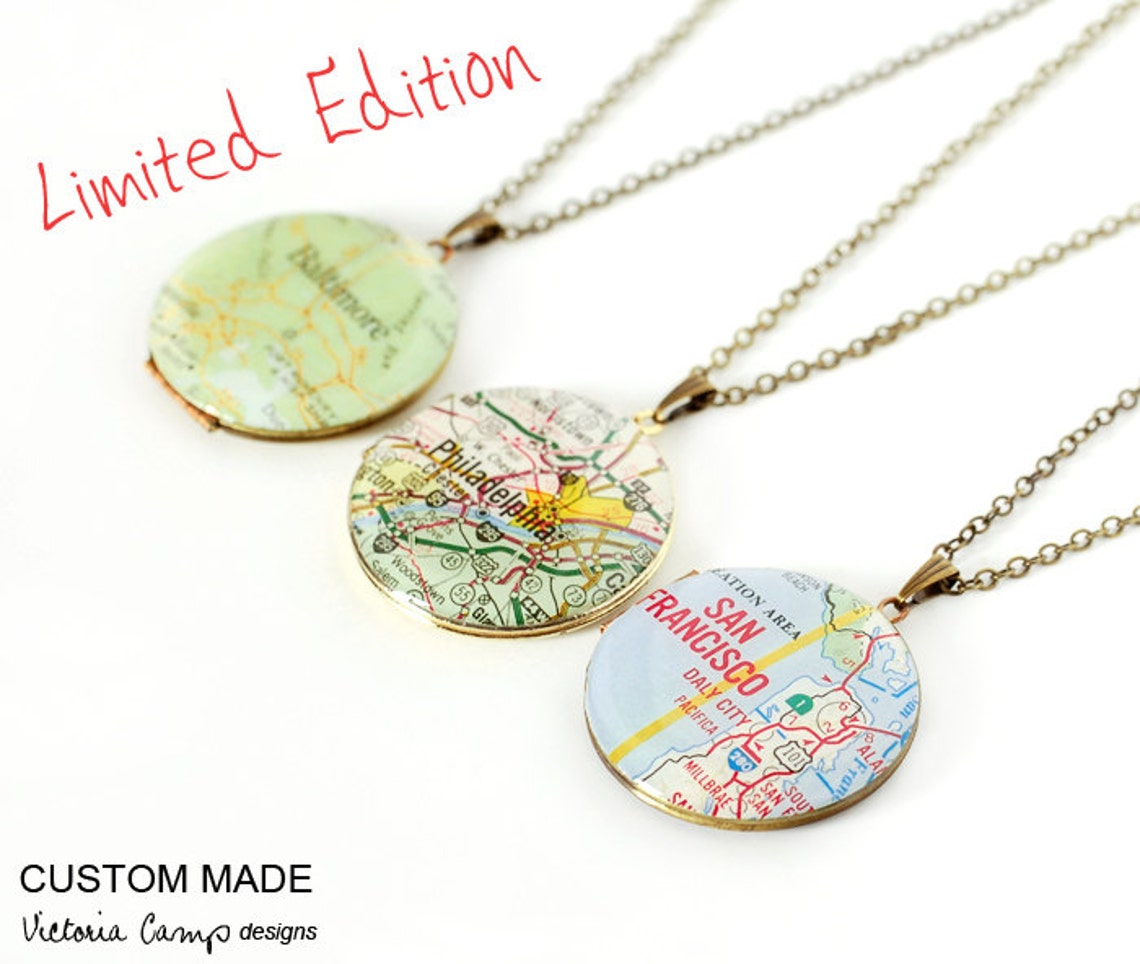 LIMITED Custom Large Map Locket Necklace Vintage Brass - Etsy
