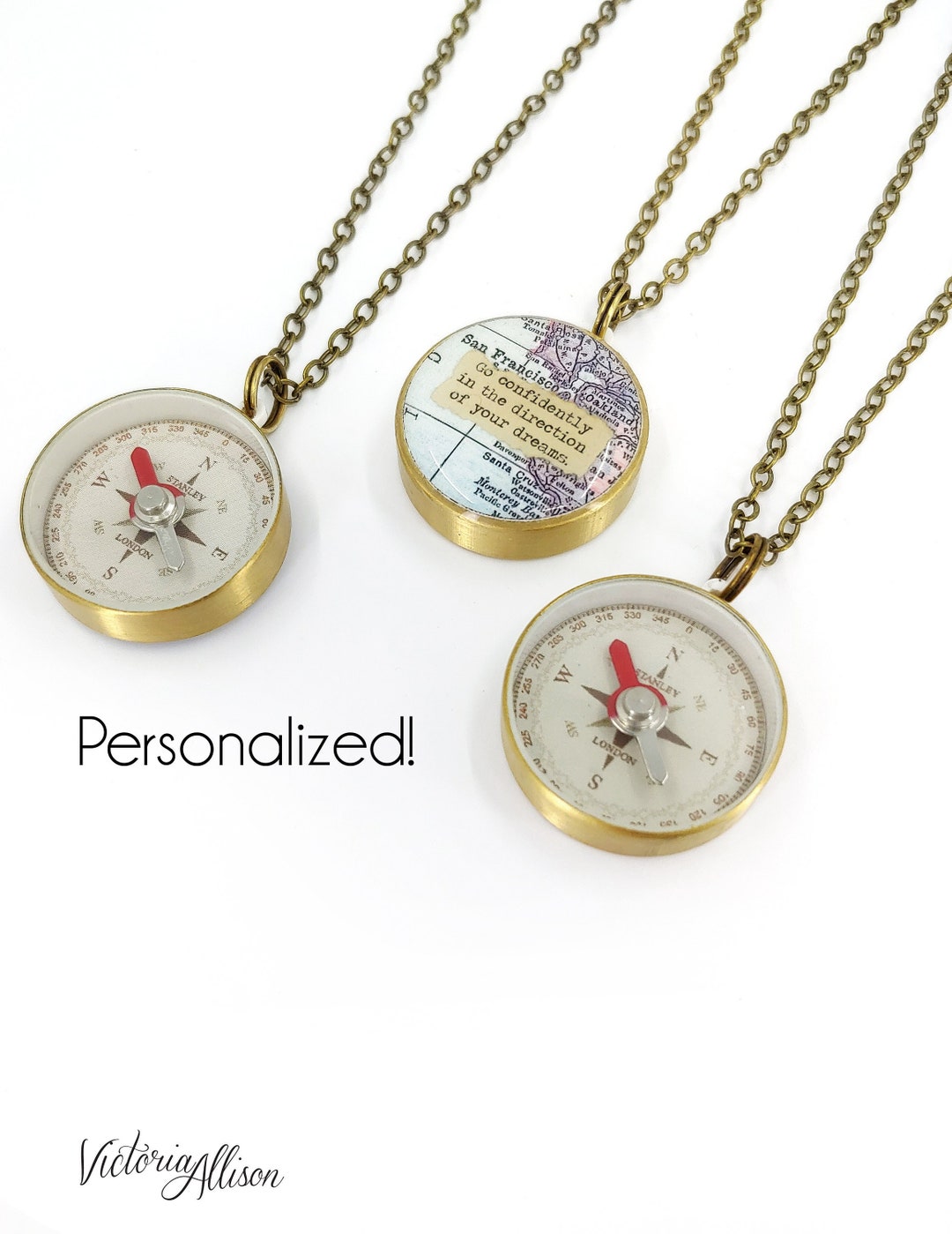 Small Custom Map Compass Necklace With Personalized Quote, Working ...