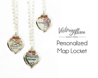 Custom Map Necklace on Tiny Vintage Heart Locket Personalized | Etsy