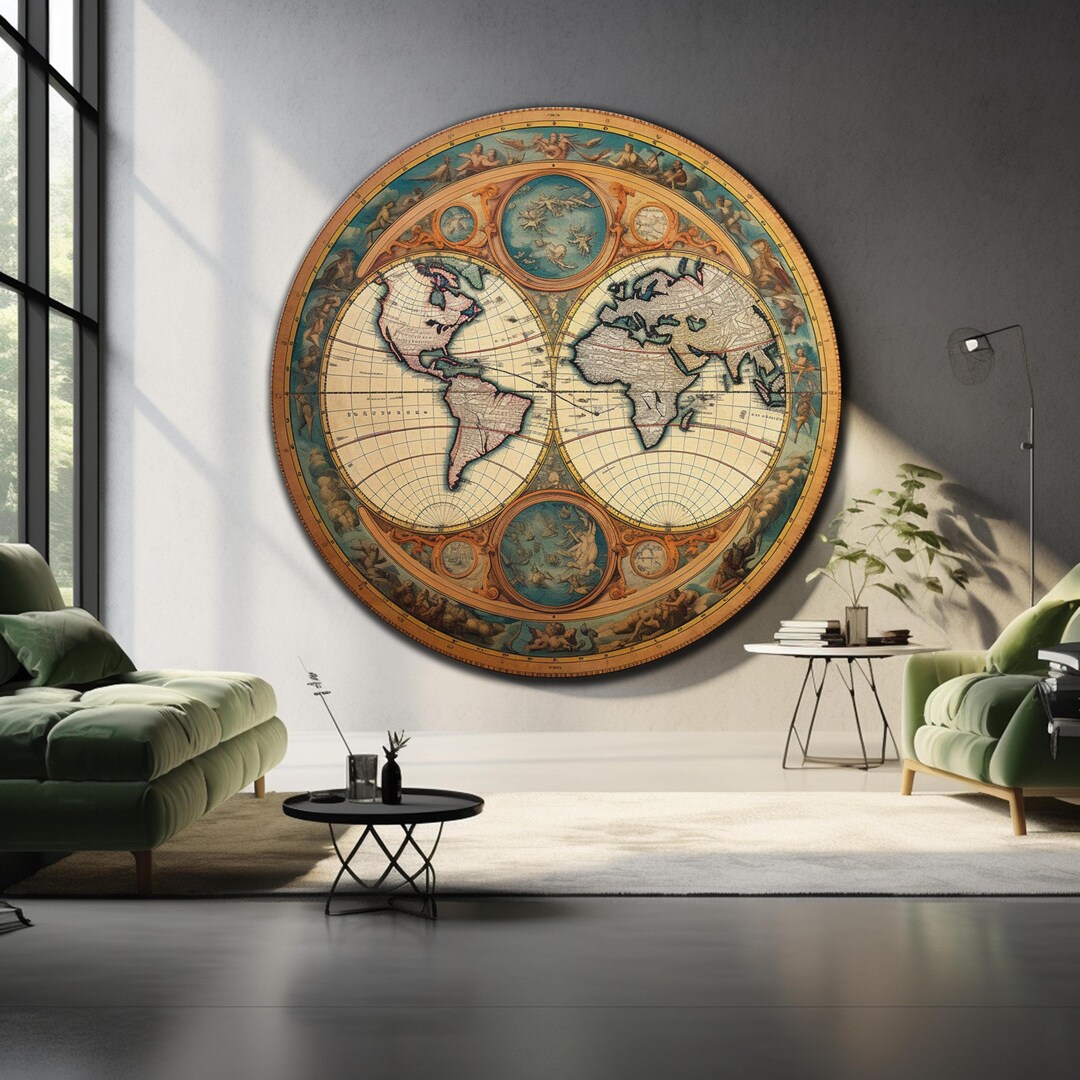 Old World Map Art, Tempered Glass Wall Art, Glass Printing, Round Glass ...