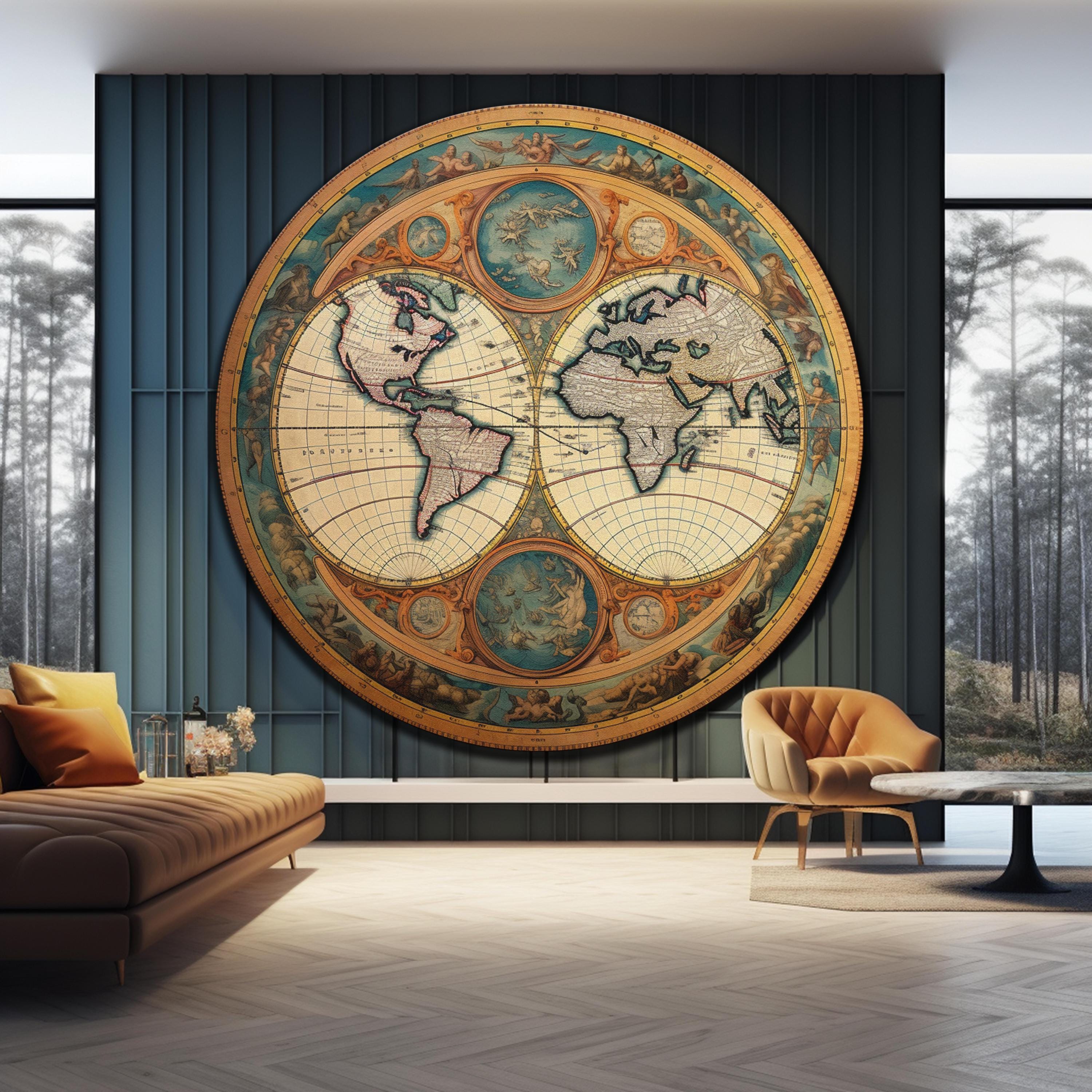 Old World Map Art, Tempered Glass Wall Art, Glass Printing, Round Glass ...