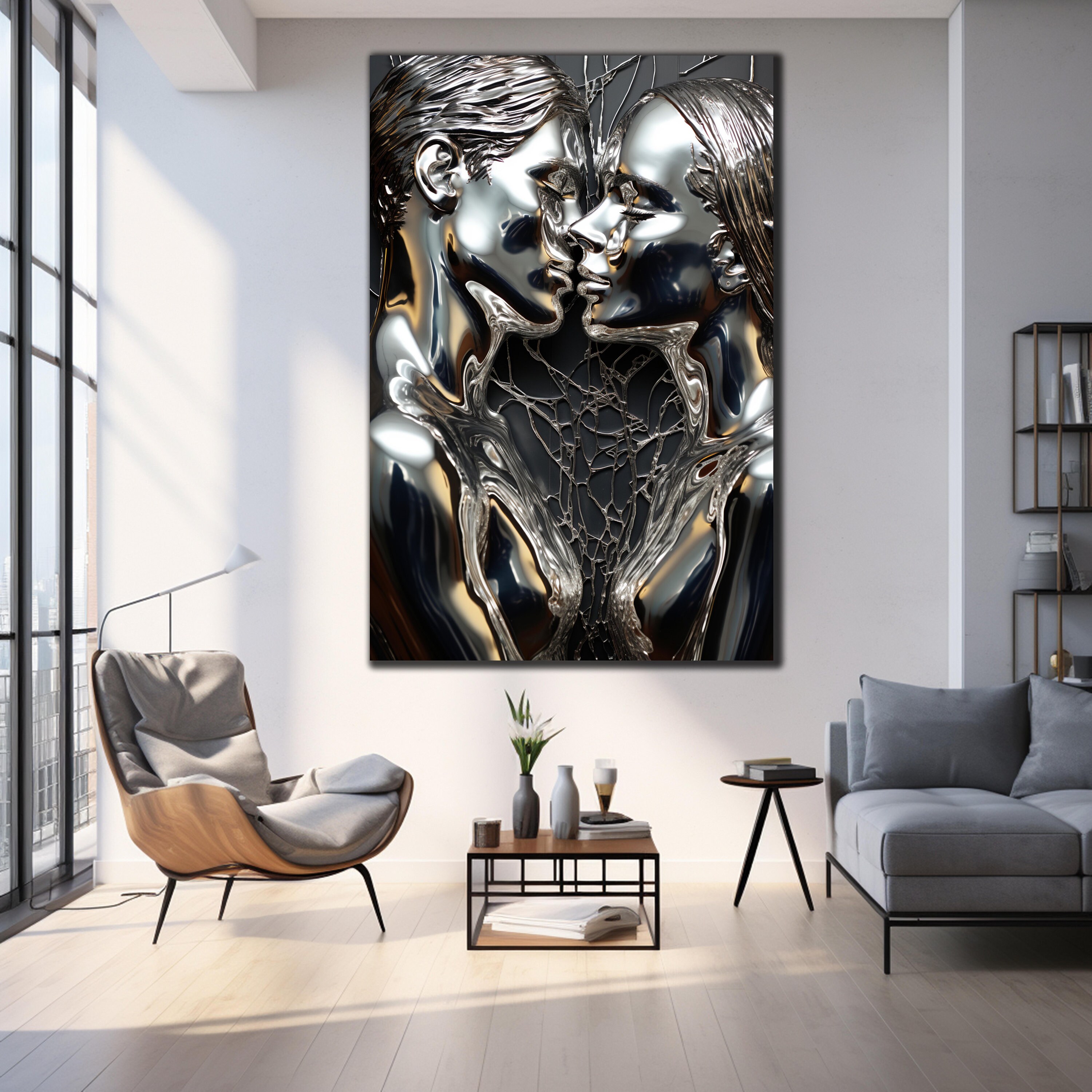 3D Silver Glass Wall Art-tempered Glass Wall Art-3d Effect Kissing ...