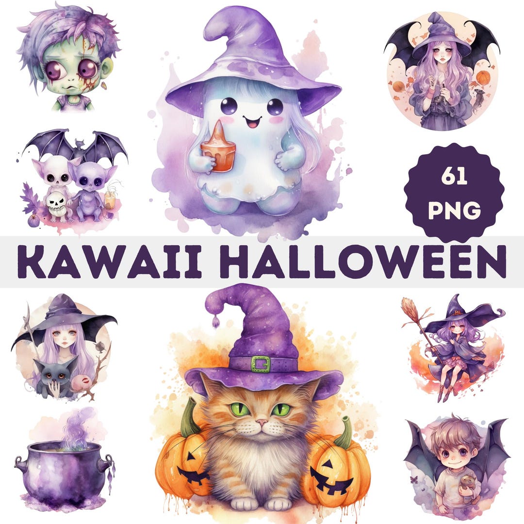 61 PNG, Watercolor Kawaii Halloween Clip Art, Cute Halloween Graphics ...