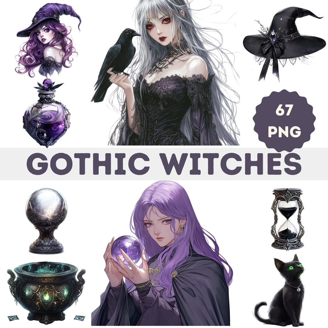 Gothic Witch Clipart, Dark Fantasy Witch Illustrations, Anime Halloween ...