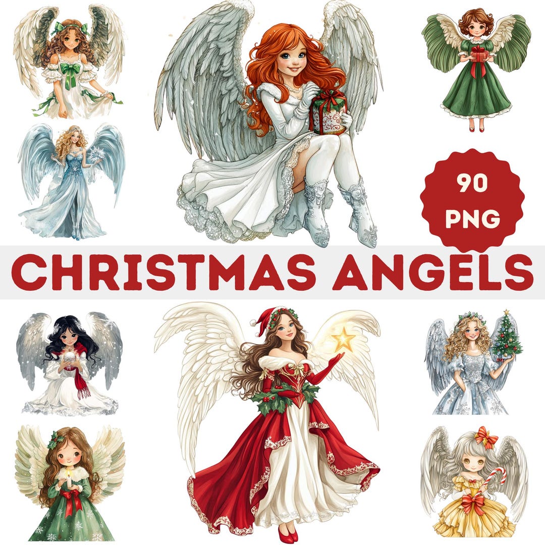 90 PNG, Christmas Angels Clipart, Watercolor Christmas Angels, Festive ...