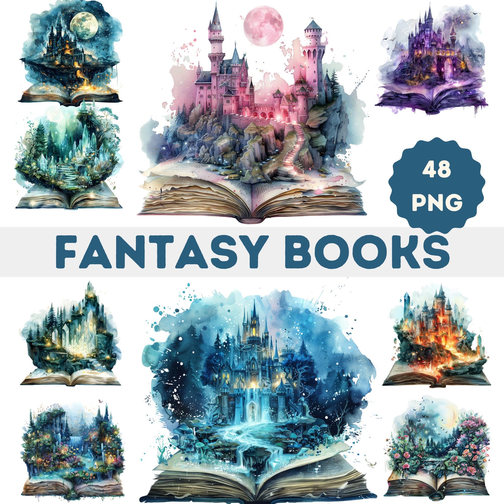 48 PNG, Watercolor Fantasy Books Clipart, Fantasy Graphics, Fairytale ...