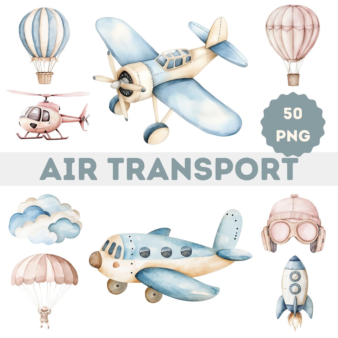 Watercolor Air Transport Clipart, Nursery Decor, Airplane, Helicopter ...