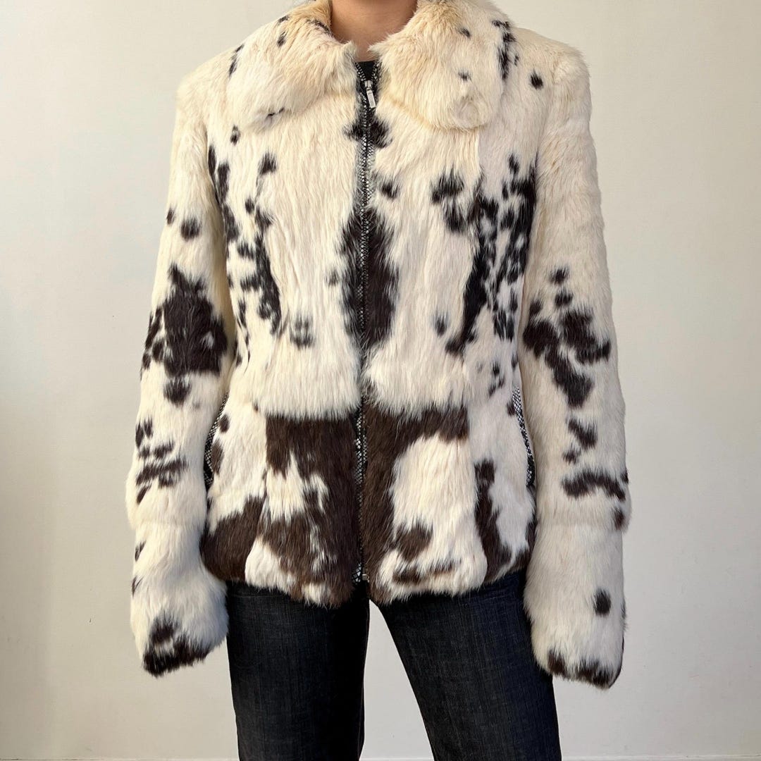 Cow Print Real Rabbit Fitted Fur Zip Jacket / Vintage Made in Italy ...