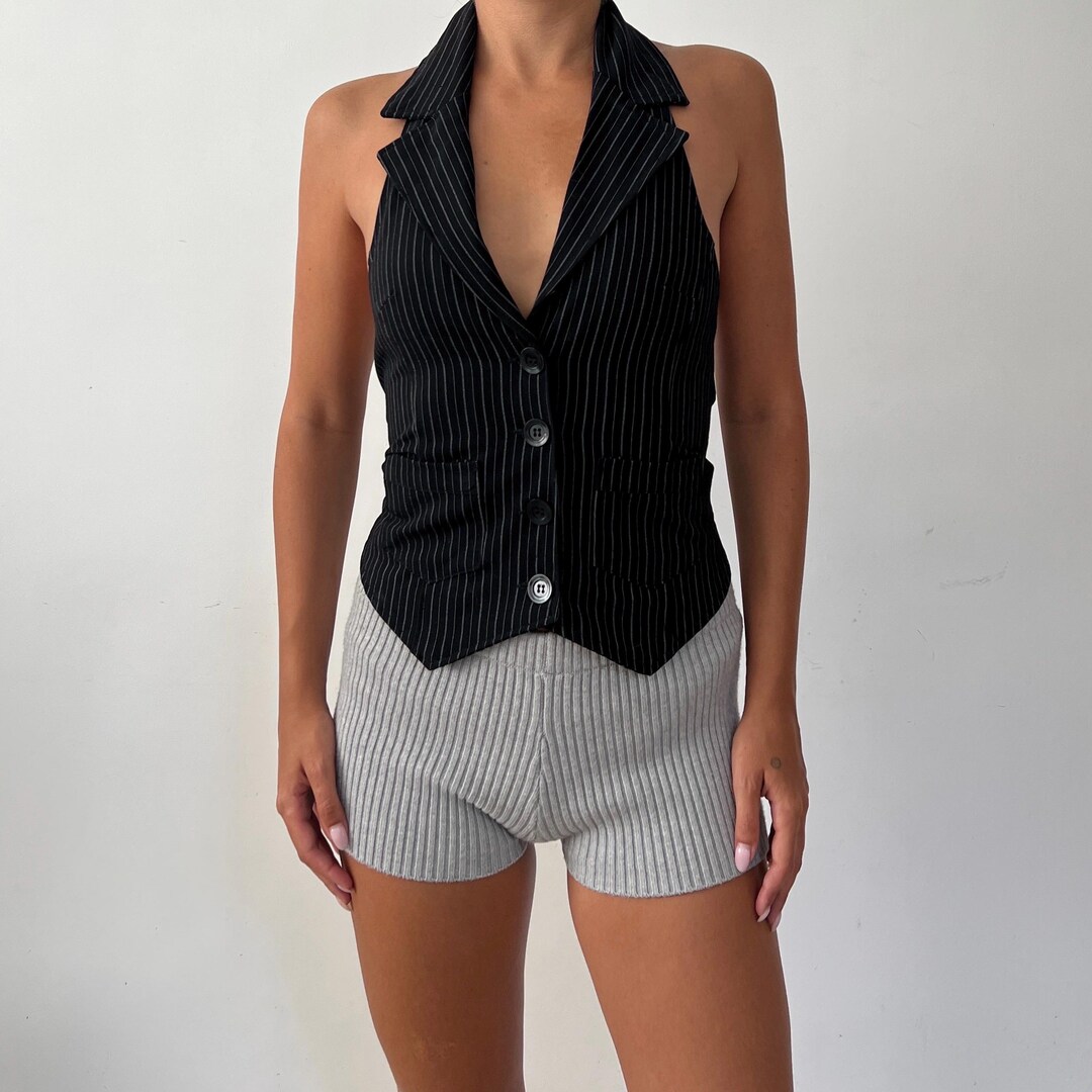 Black Pinstriped Halter Neck Open Back Cropped Blazer Top / Buttoned ...