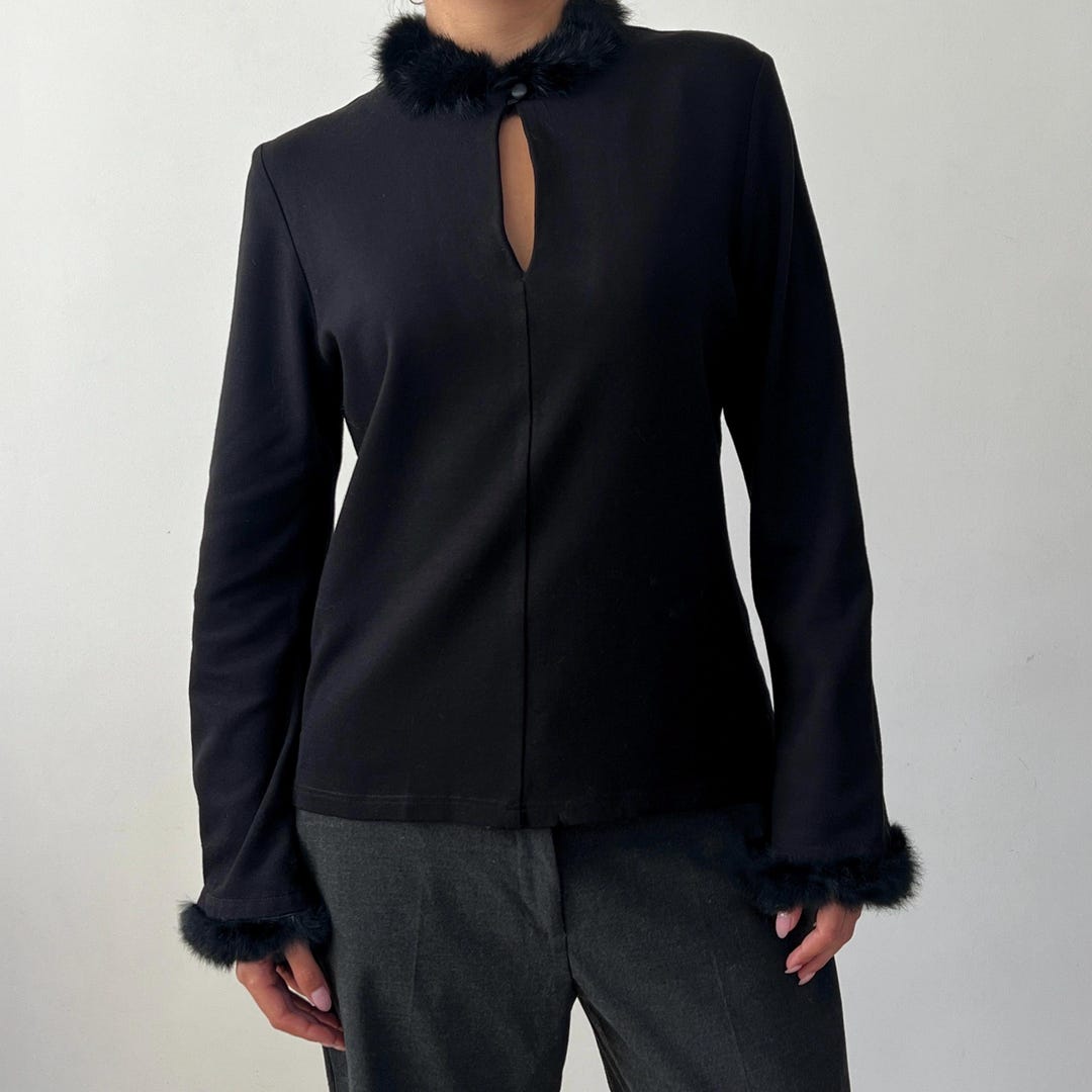 Black Feather Long Sleeve Top / Vintage Faux Fur Trim Sleeves Collar ...