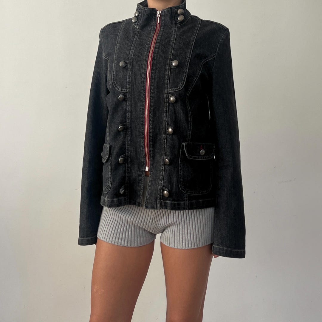 Vintage Graphite Black Buttoned up Stretch Denim Jacket / Stand-up ...