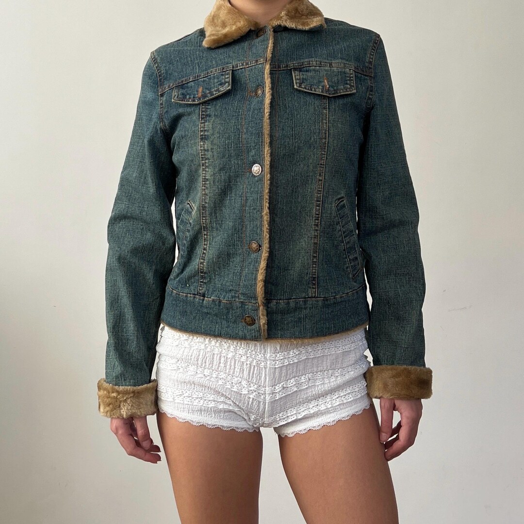 Vintage Washed Denim Teddy Jacket With Faux Fur Shell Collar / Tracker ...