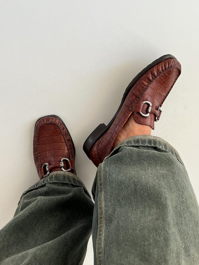 Brown Croc Real Leather Italy Chain Loafers / Vintage 90s Genuine Moc ...