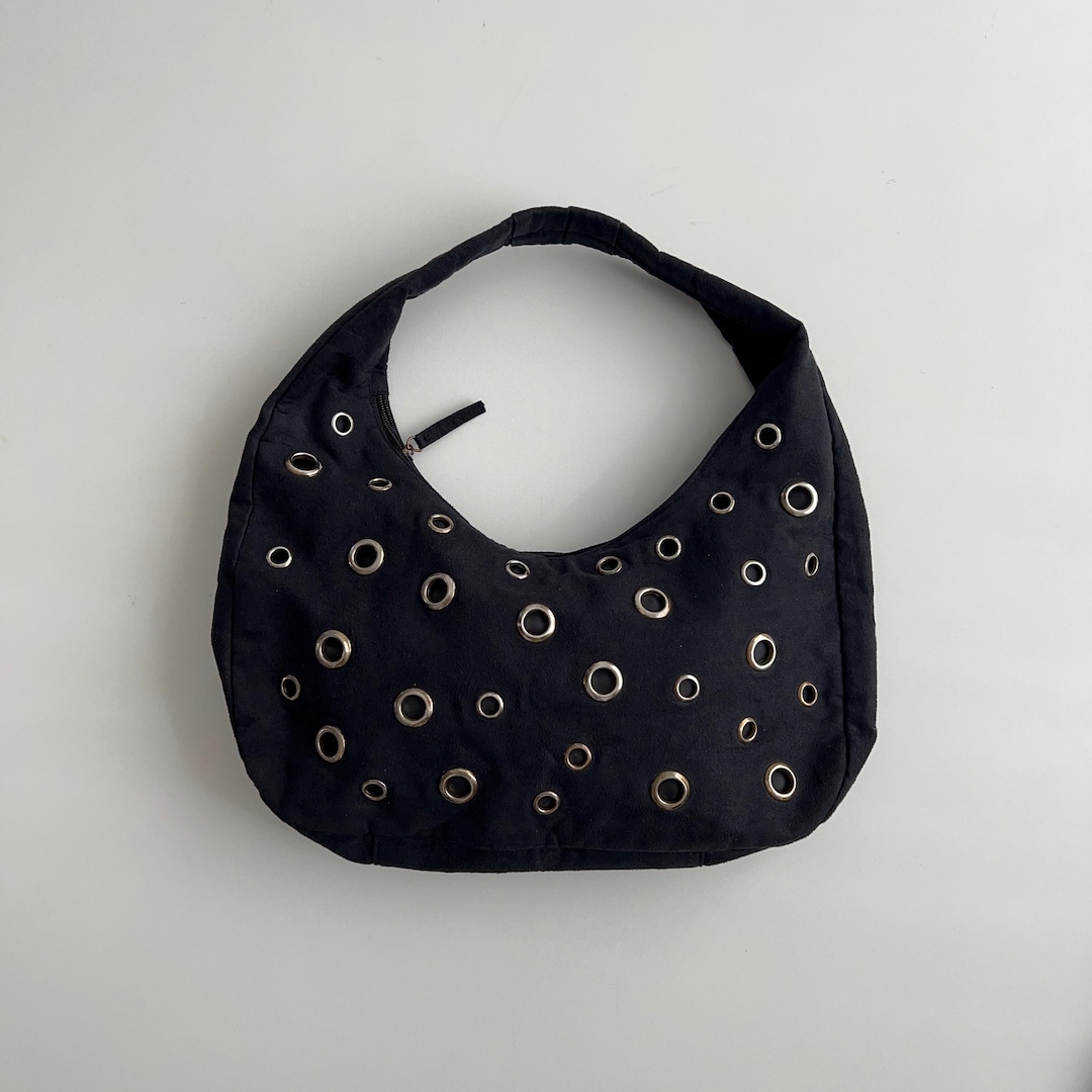 Navy Blue Textile Studded Grommet Shoulder Bag / Eyelets Handbag ...
