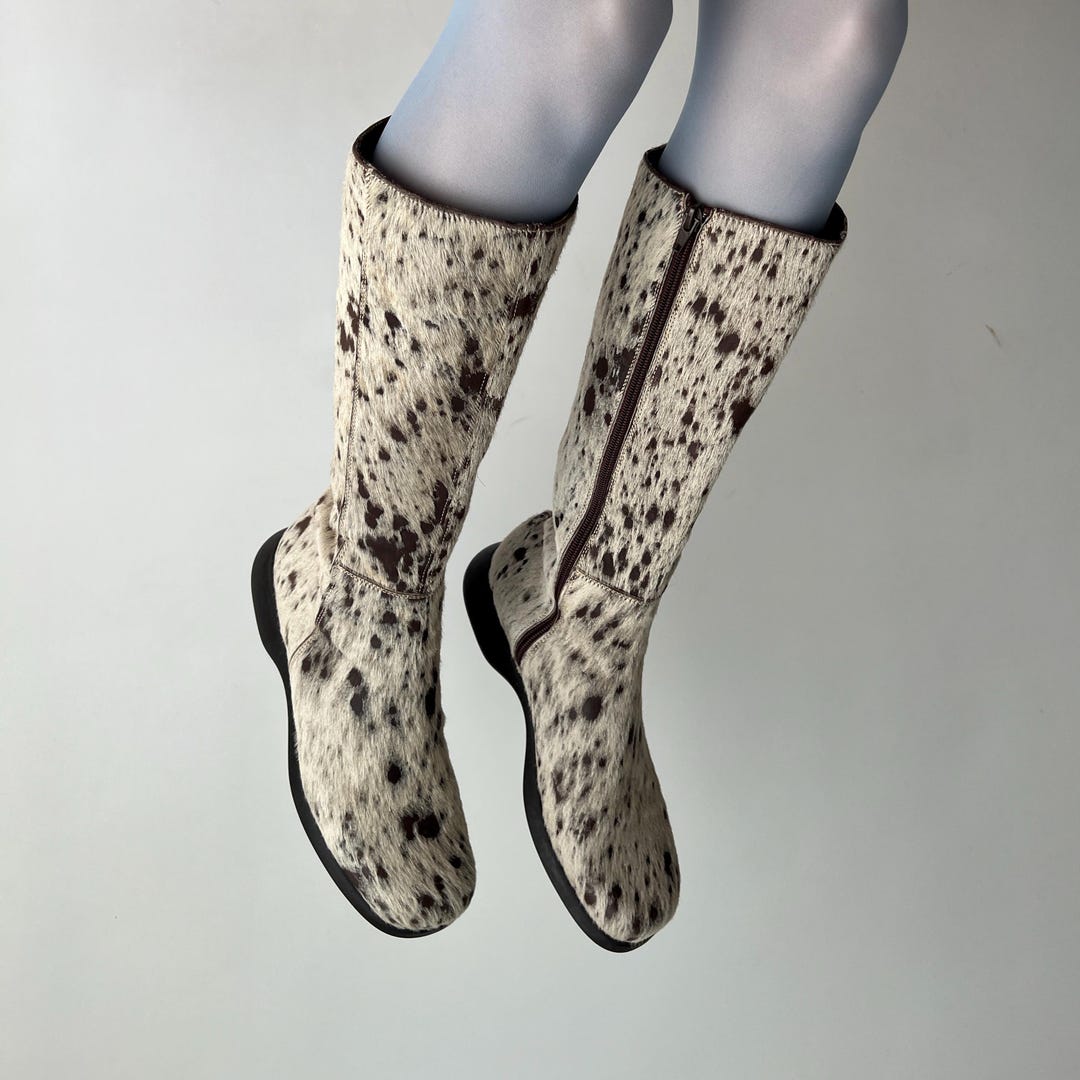 Vintage Cowhide Fur Boots / Animal Print Real Hair Calf Mid-calf Square ...