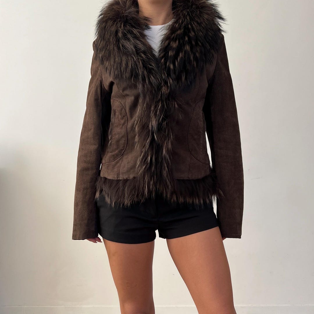 Vintage Brown Real Suede Fitted Jacket With Natural Fur Trim Inserts ...