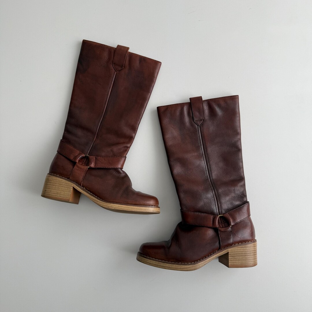 Cherokee Brown Faux Leather Square Toe Block Heel Knee High Boots ...