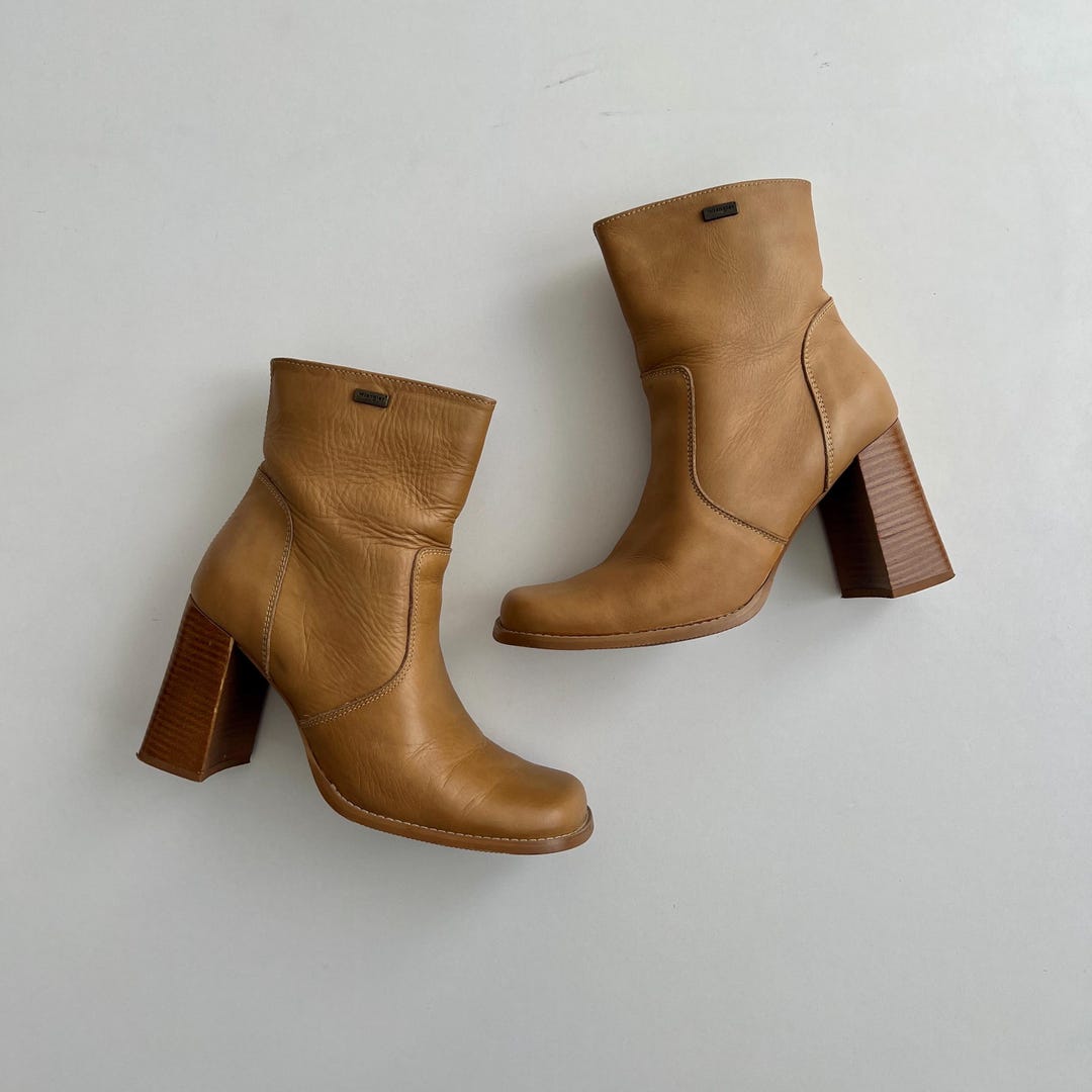Real Mustang Genuine Leather Chunky Block Heel Tan Ankle Boots ...