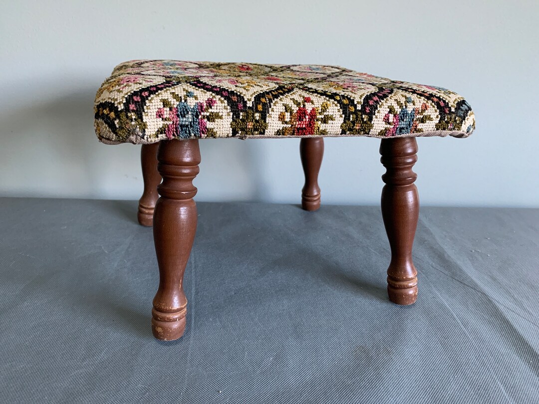Vintage Footstool - With Turned Wood Legs and Original Fabric Top - Etsy