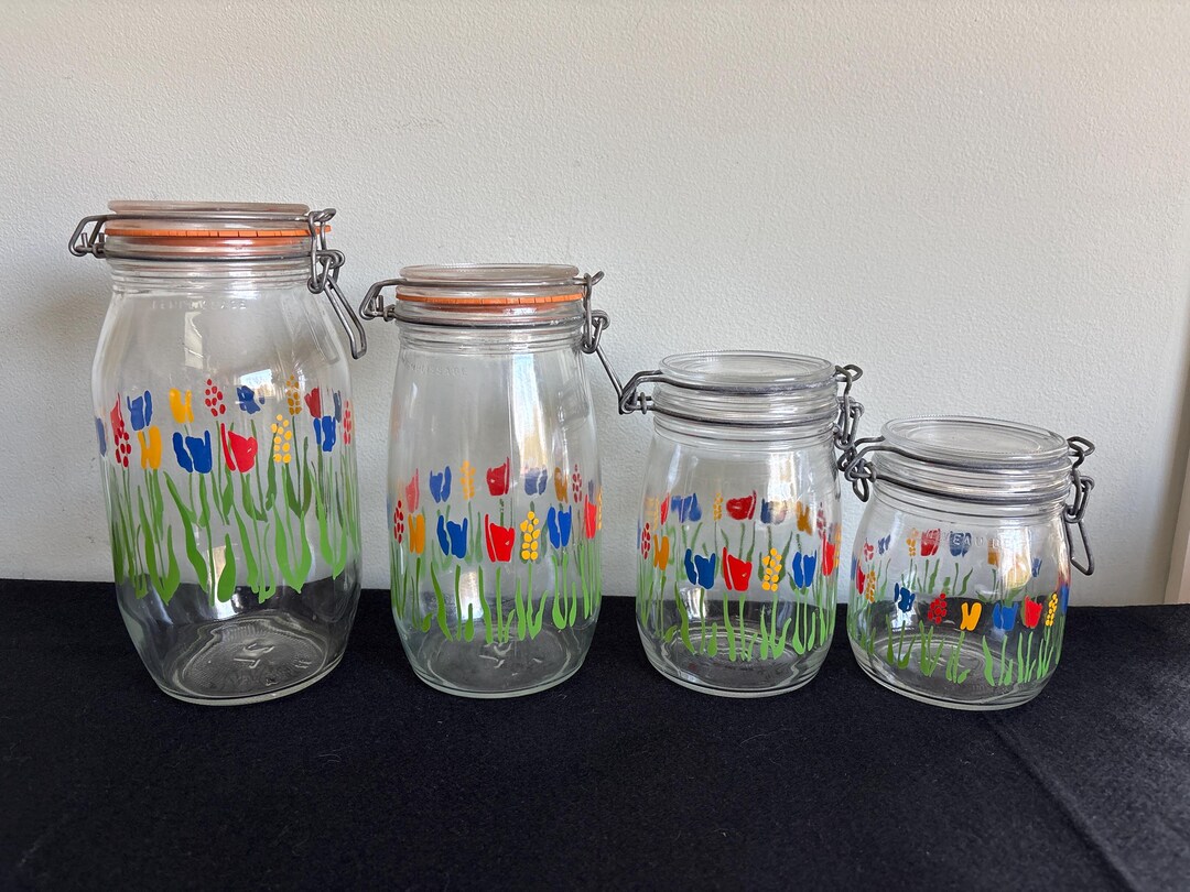 Arc France Floral Glass Canister Jars – Set of 4 Clamp-lid Storage Jars ...