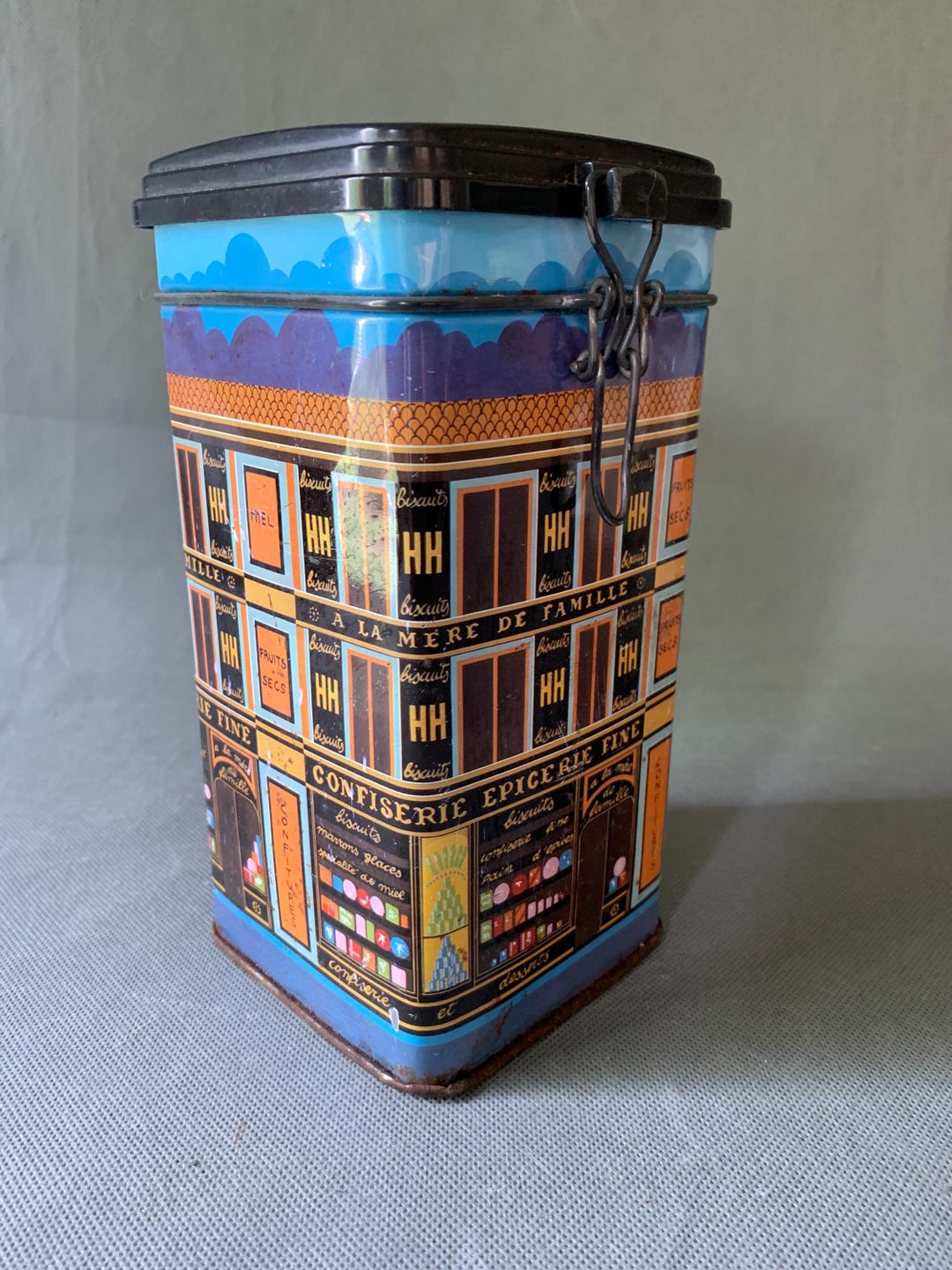 French Tin With Charming Illustrated Storefront - Hinged Lid - Etsy