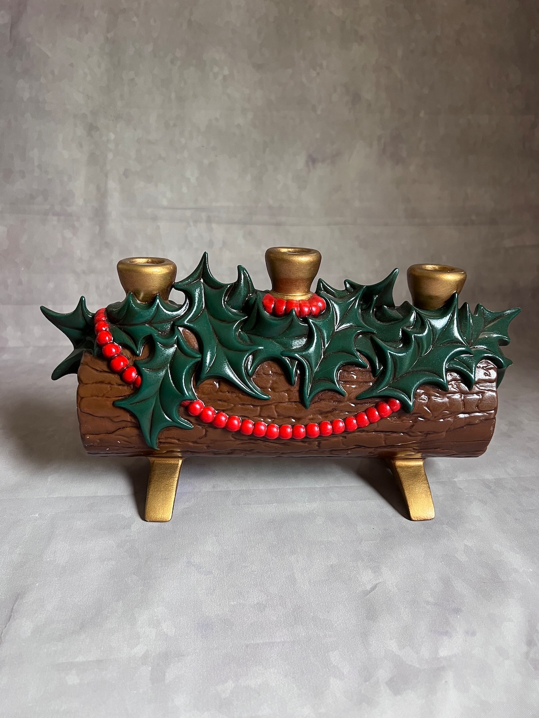 Beautifully Painted Yule Log Holds 3 Taper Candles 1970s - Etsy