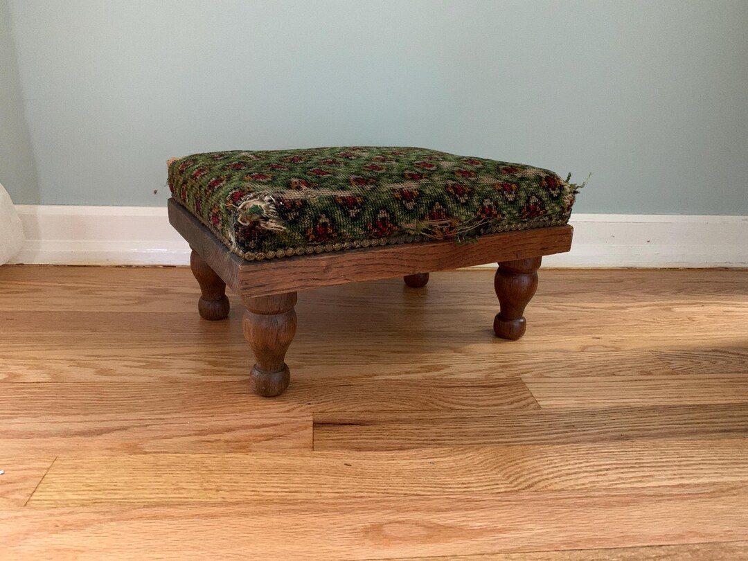 Vintage Footstool - With Turned Wood Legs and Original Fabric Top - a ...