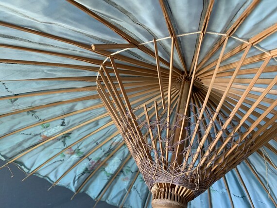 Antique handpainted parasol - fabric, wood and leathe… - Gem