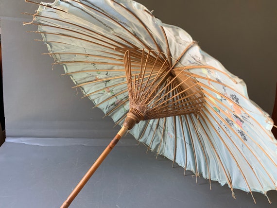 Antique handpainted parasol - fabric, wood and leathe… - Gem
